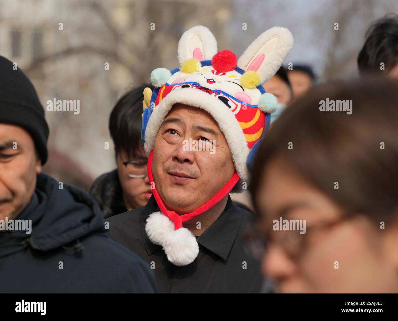 A man wears a hat of the Spring Festival in Beijing, China, on January ...