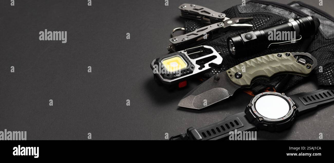 Everyday carry EDC items for men in black color - flashlight, watch and ...