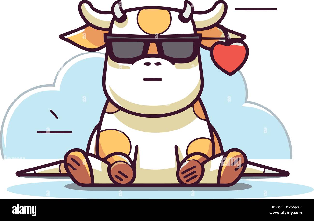 Cute cartoon cow in sunglasses sitting on the clouds. Vector ...