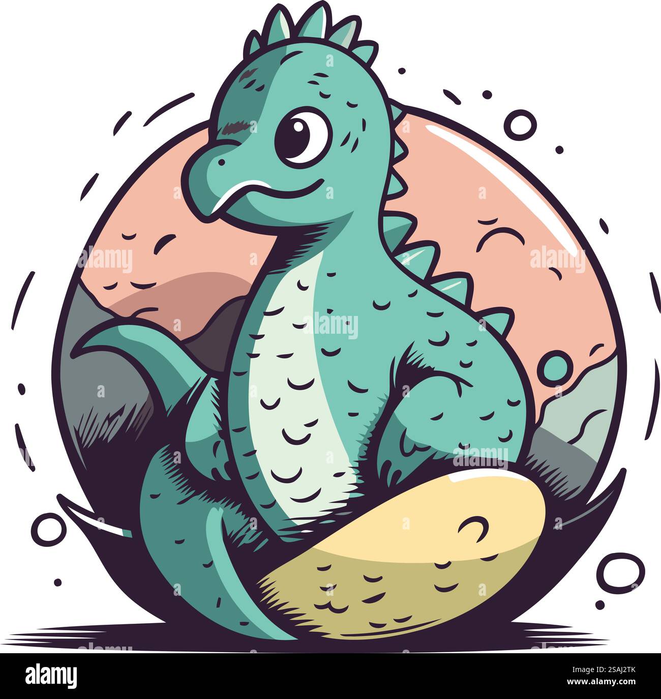 Cute cartoon dinosaur sitting on the rock. Vector illustration isolated ...