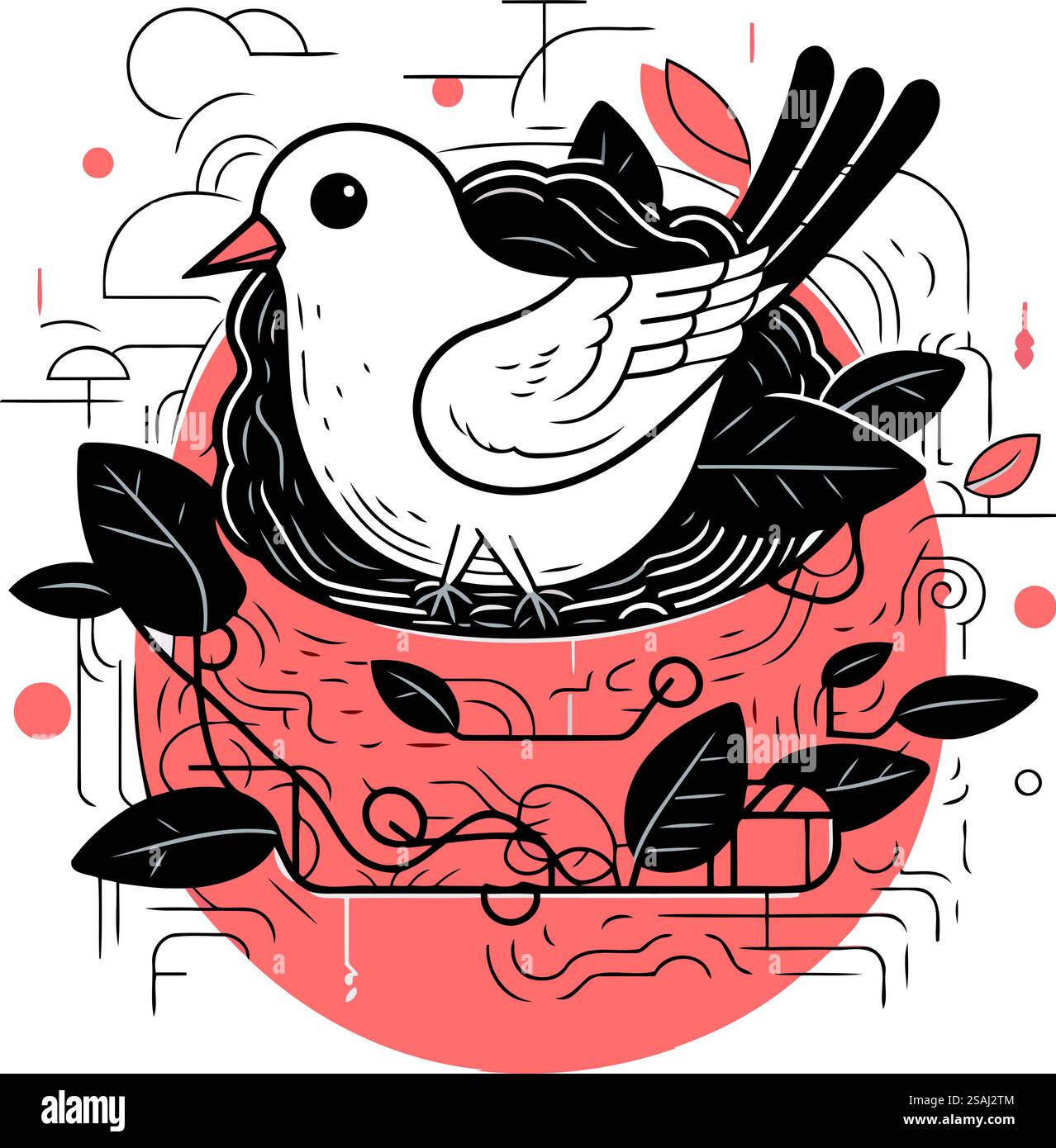 Vector illustration of a pigeon sitting in a nest of leaves. Sketch ...