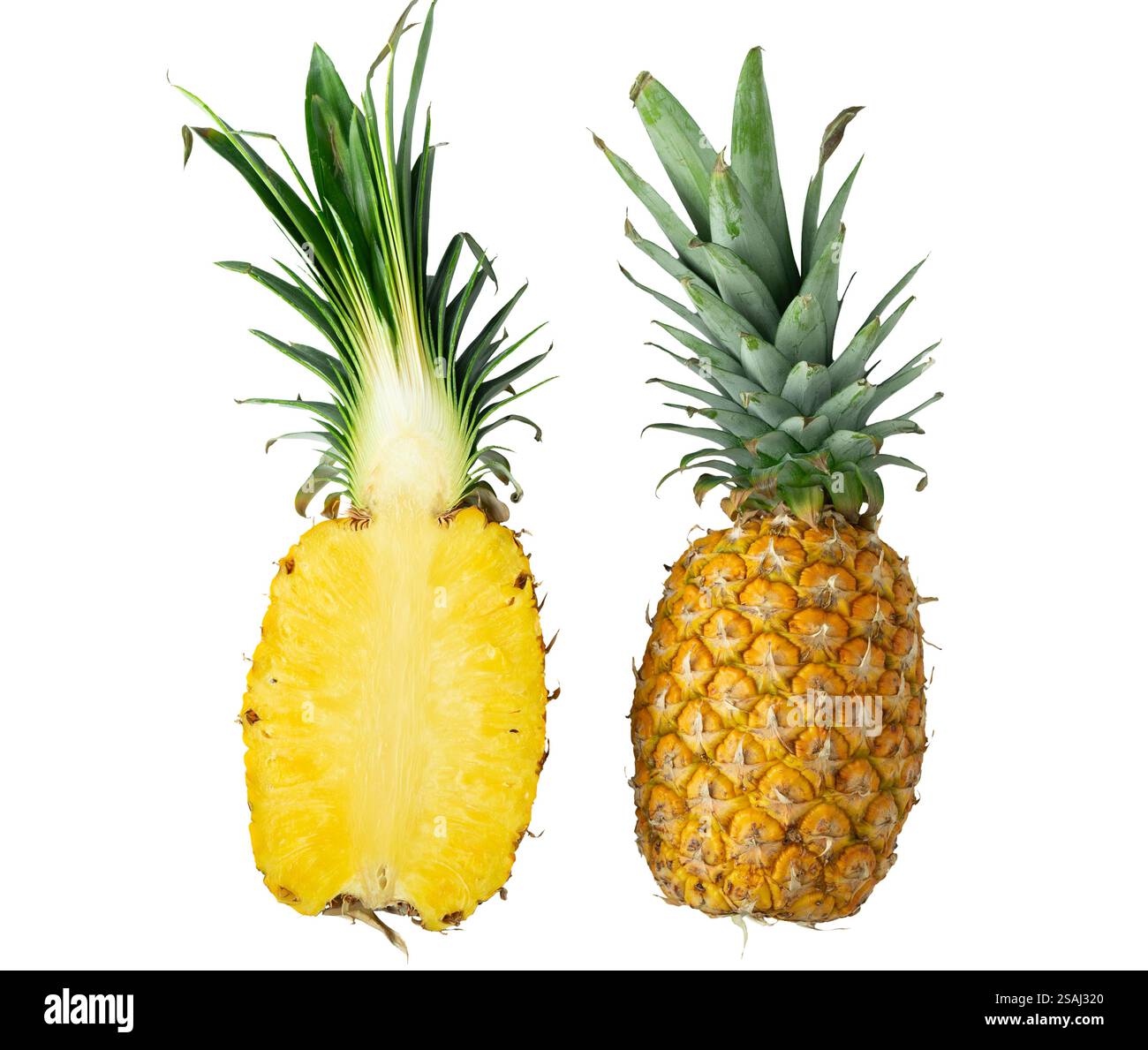 A close up of a whole pineapple and a cut pineapple. The cut pineapple ...