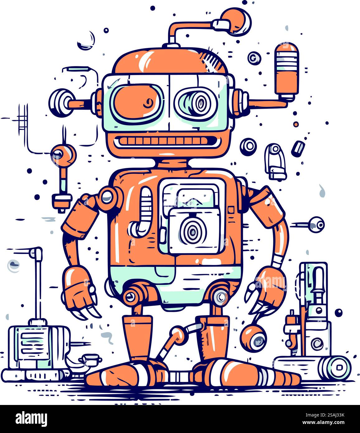Robot with different tools. Vector illustration in doodle style Stock ...