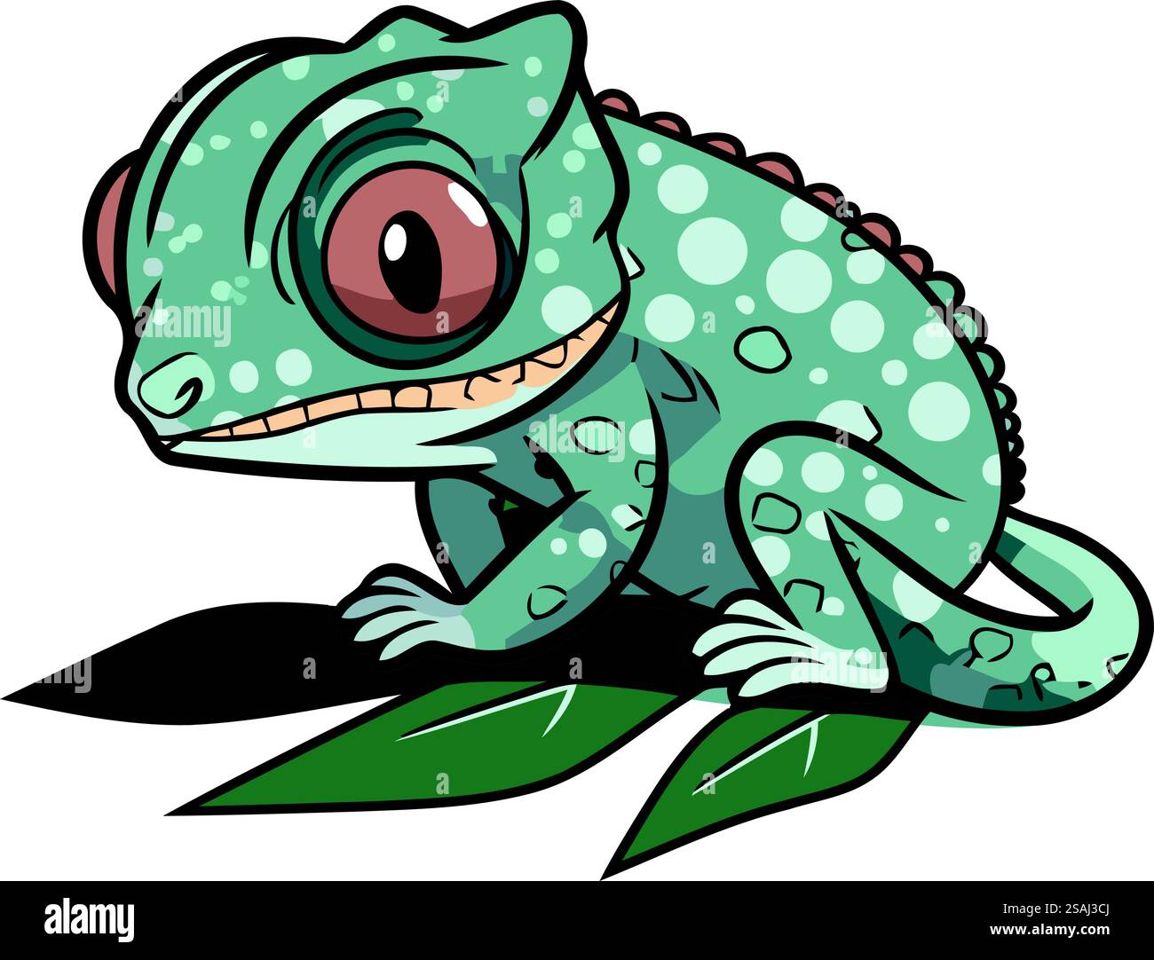 Cute cartoon chameleon on green leaf. Vector illustration Stock Vector ...