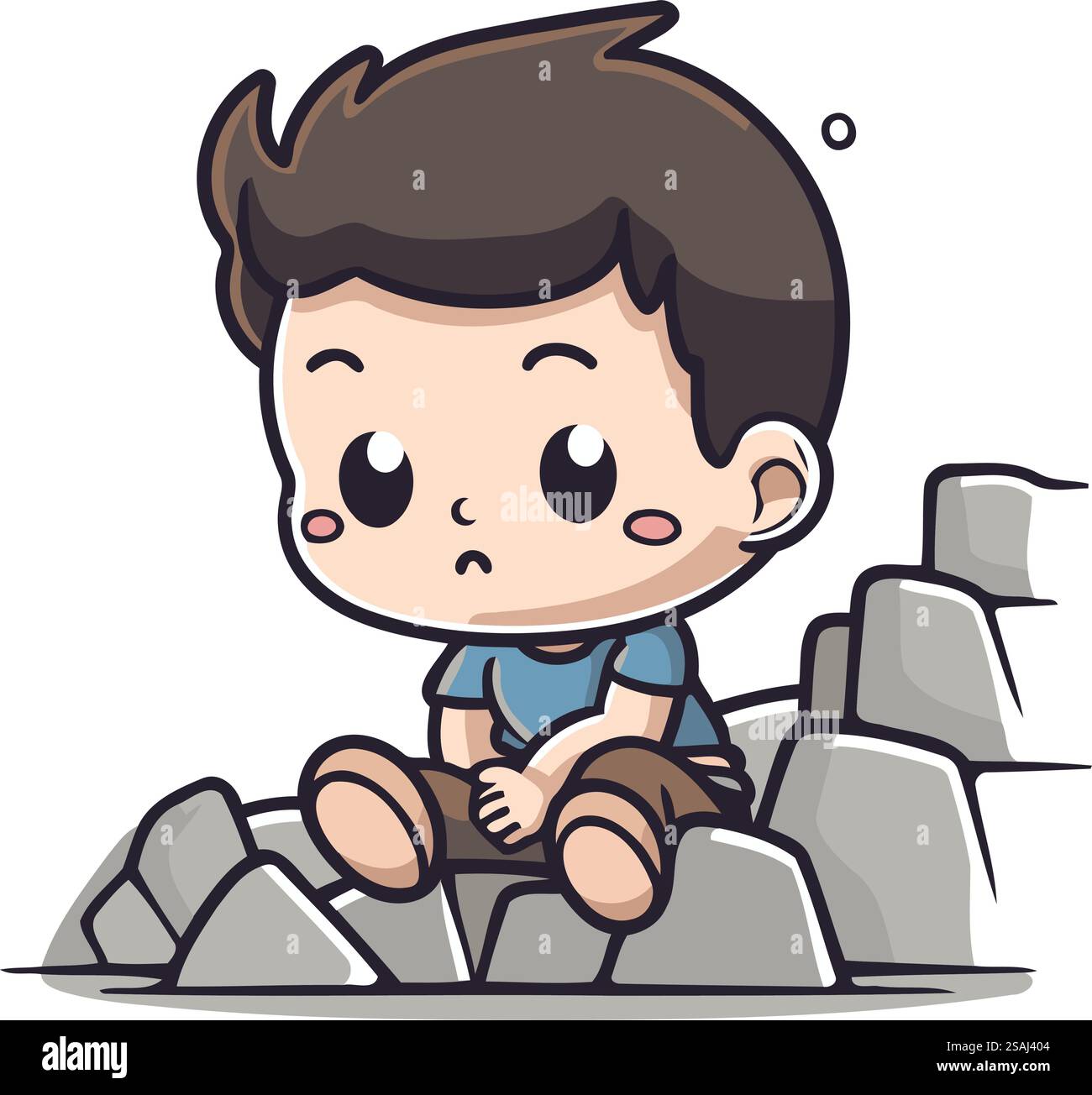 Little boy sitting on the stone wall. Vector cartoon character ...