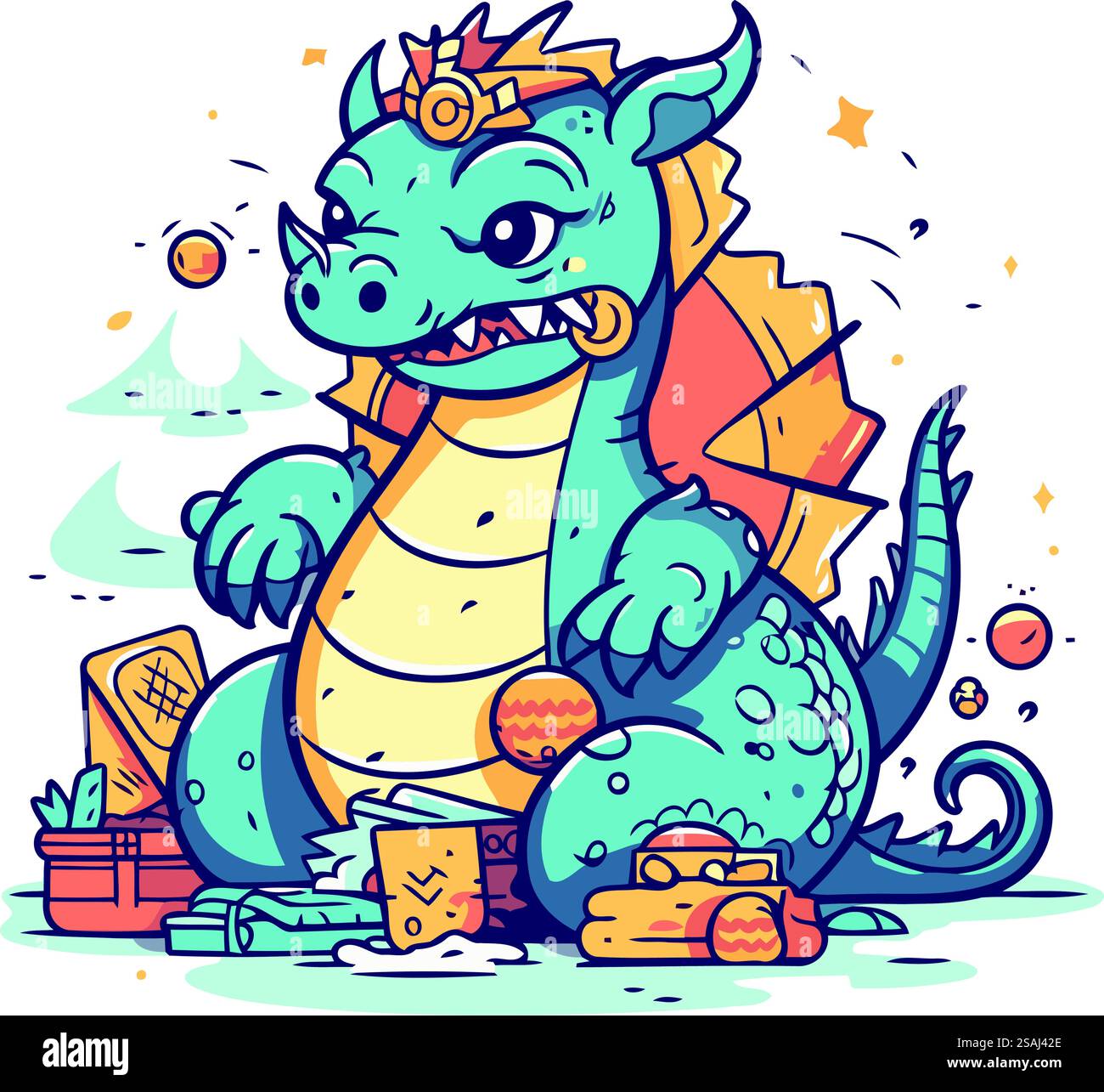 Cute cartoon dragon. Vector illustration of a dragon with a lot of food ...