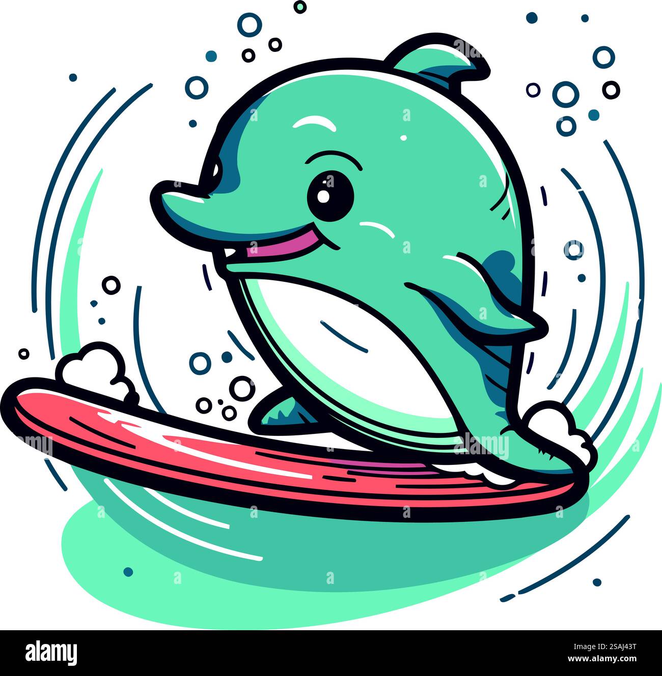 Cartoon dolphin rides a surfboard. Vector illustration on white ...