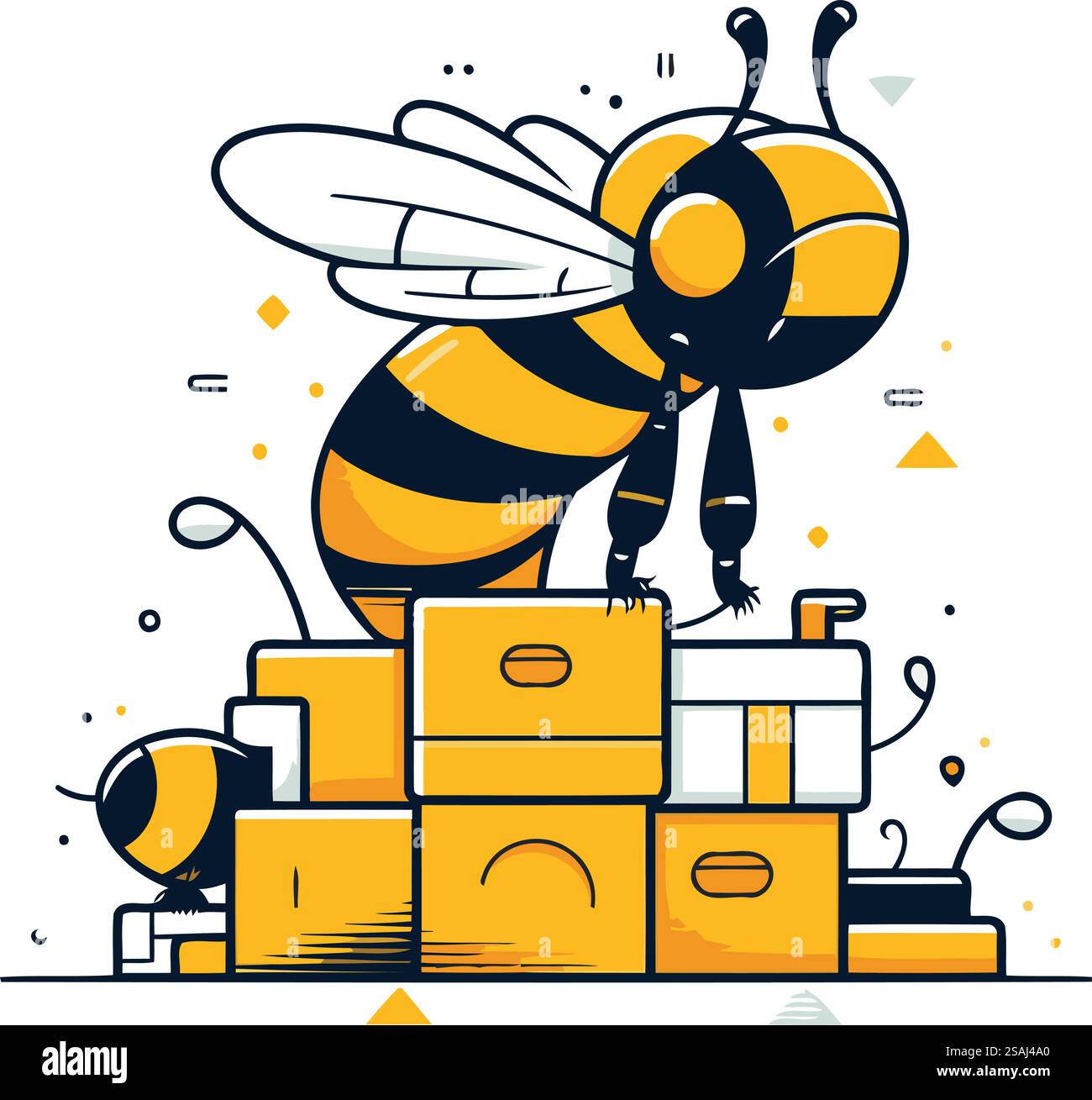 Vector illustration of a flying bee with boxes. Flat line art style ...