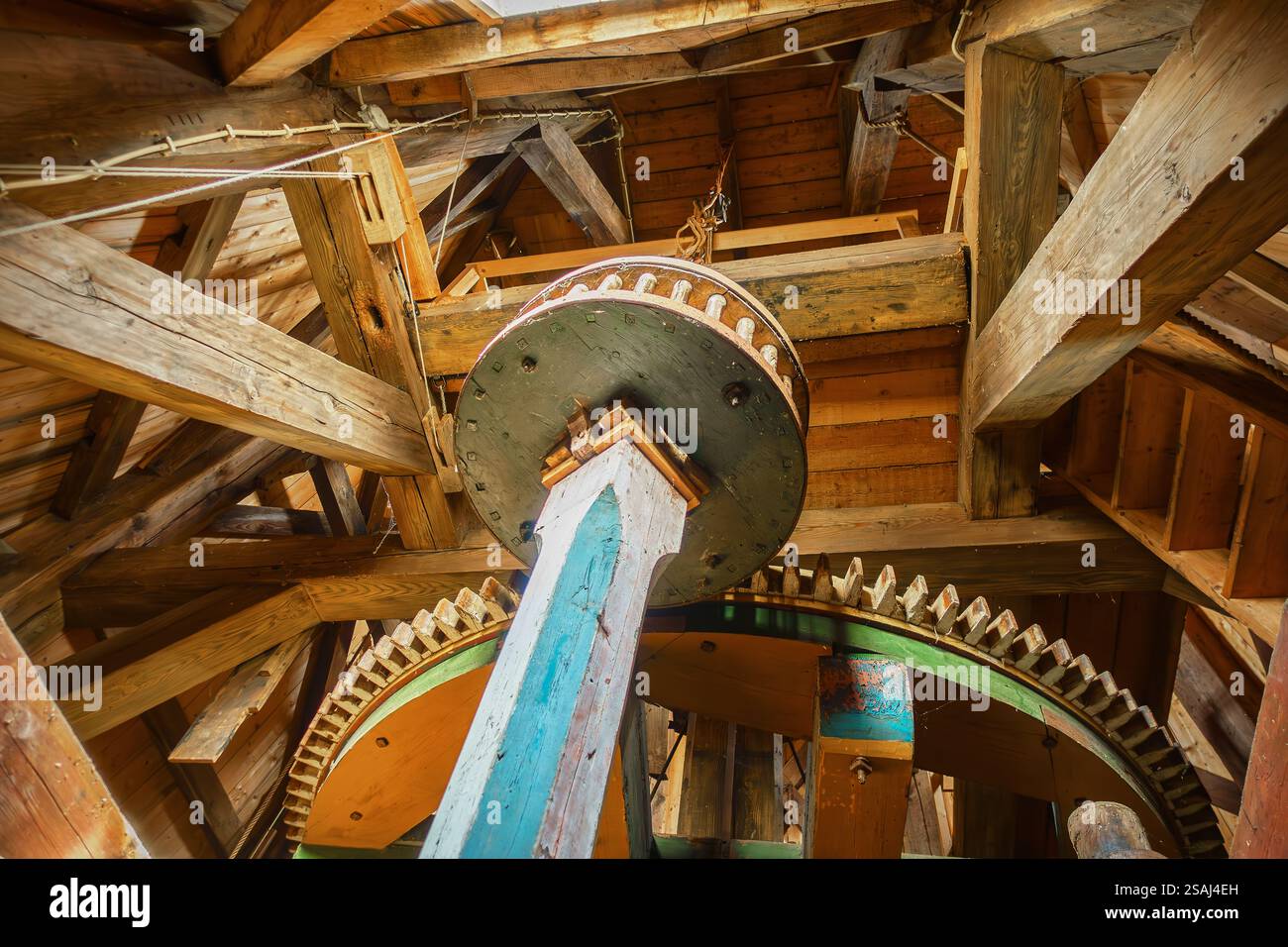 Close-up of the wooden gears and beams inside windmill De Korenbloem in ...