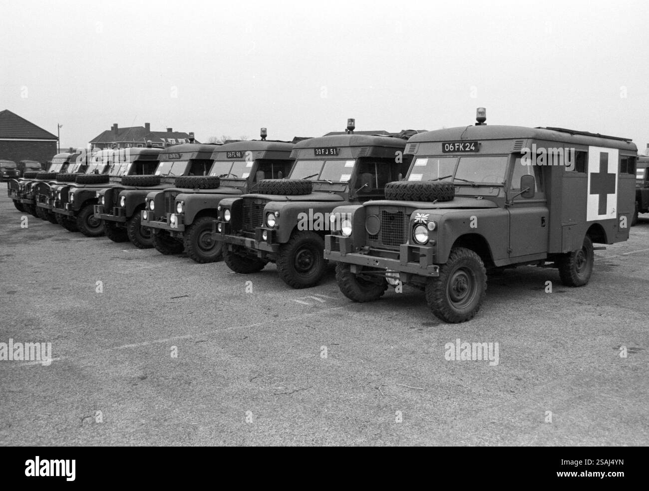 Line of army land rover ambulances at army base on Salisbury Plain 1990 ...