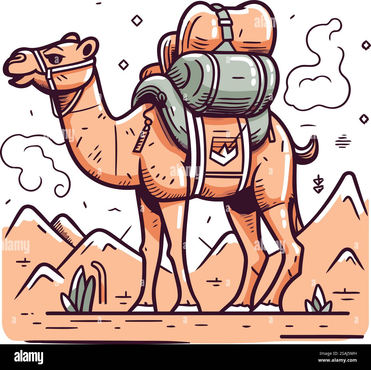 Camel with a backpack in the desert. Vector illustration in cartoon ...