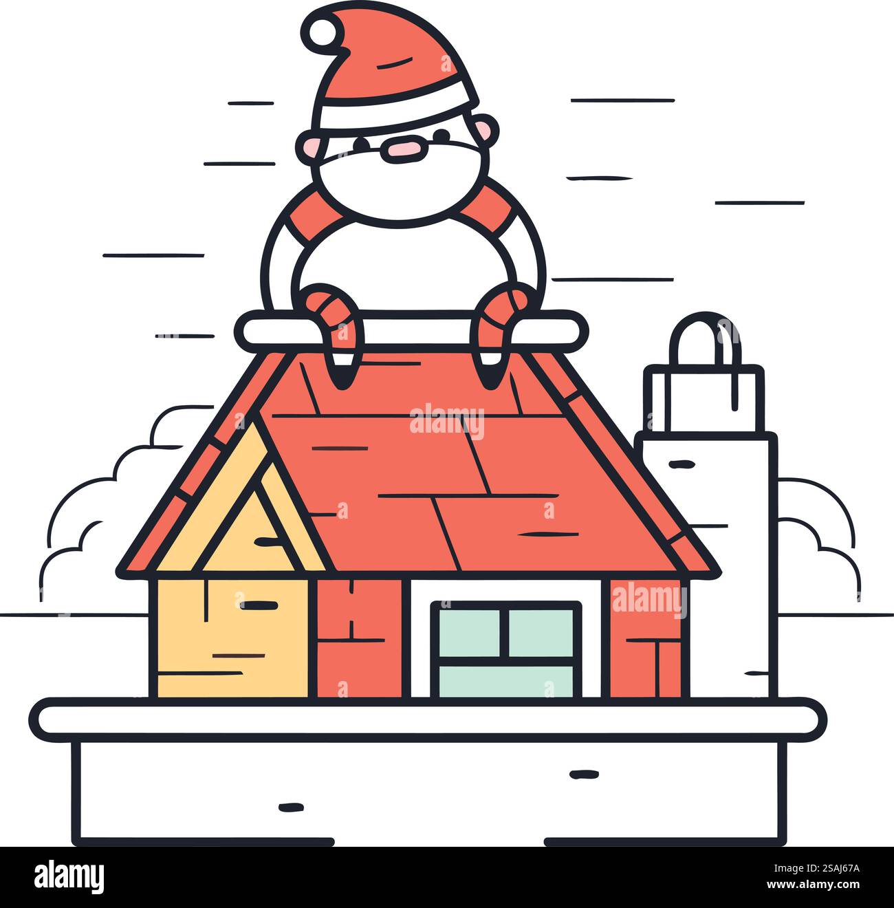 Santa Claus on the roof of the house. Flat line vector illustration ...