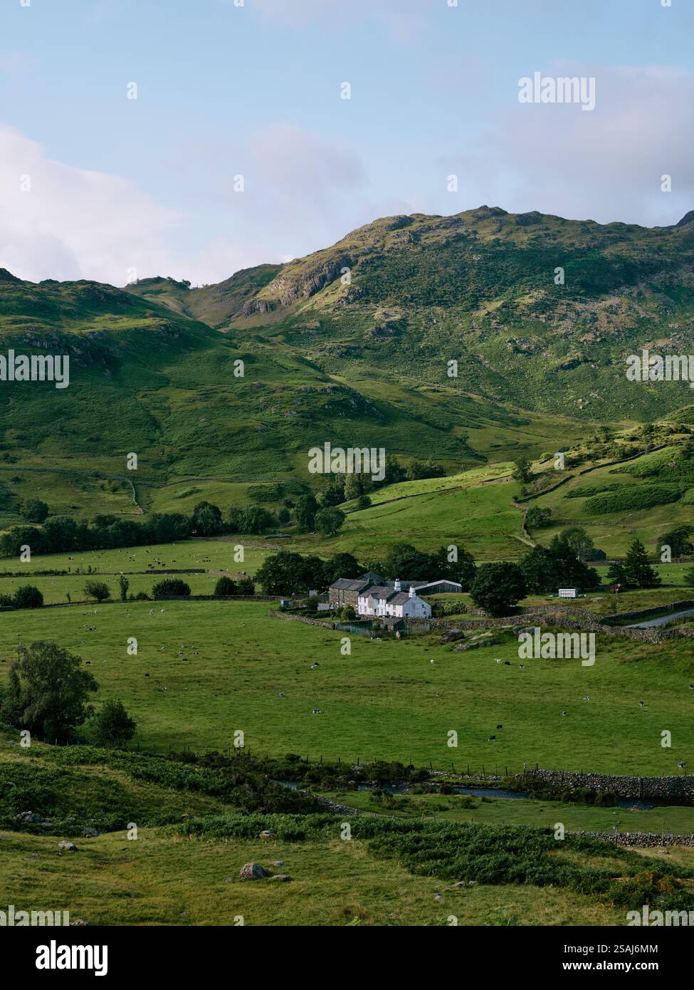 The Lake District summer landscape with white farmhouse in Little ...
