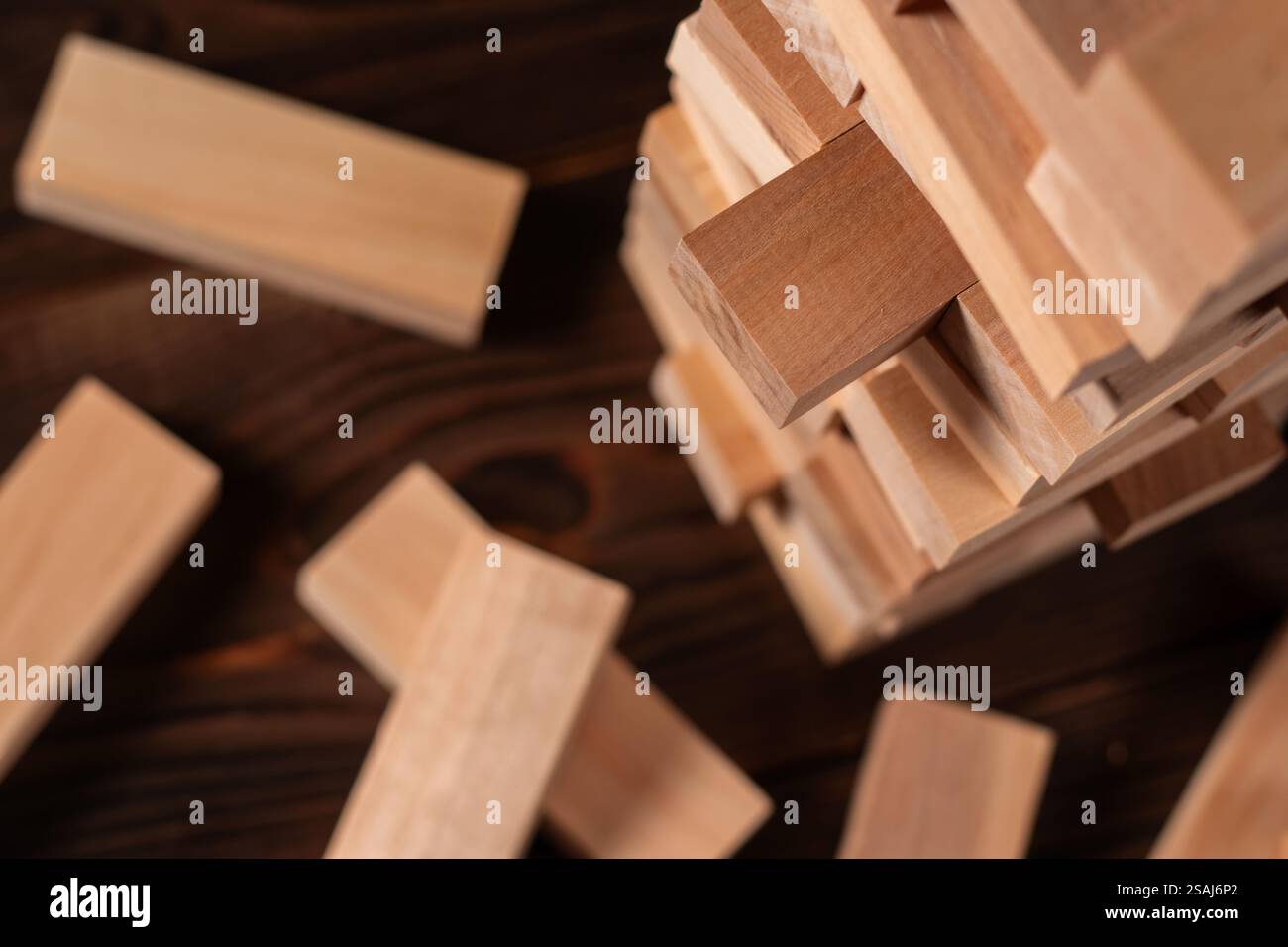 Wood blocks stack game top view, background. Concept of education, risk ...