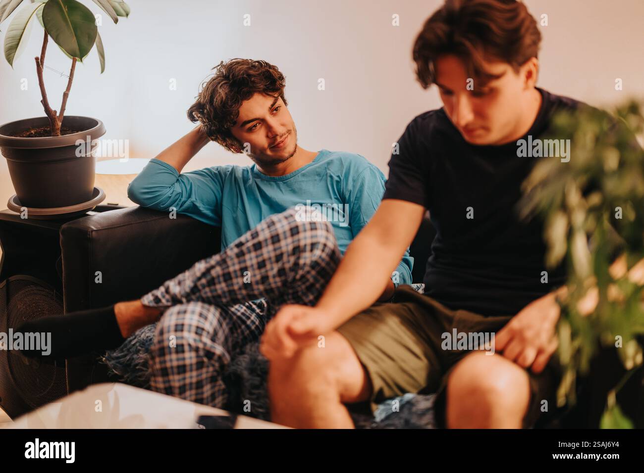 Two young men having a thoughtful discussion at home indoors Stock ...