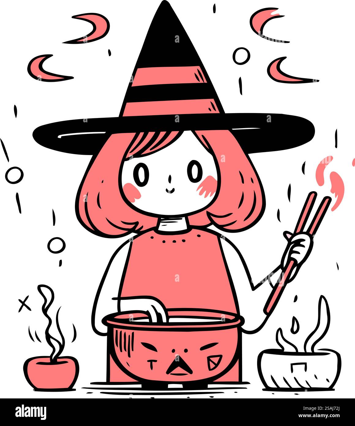 Girl in a witch costume holding a pot of soup. Vector illustration ...