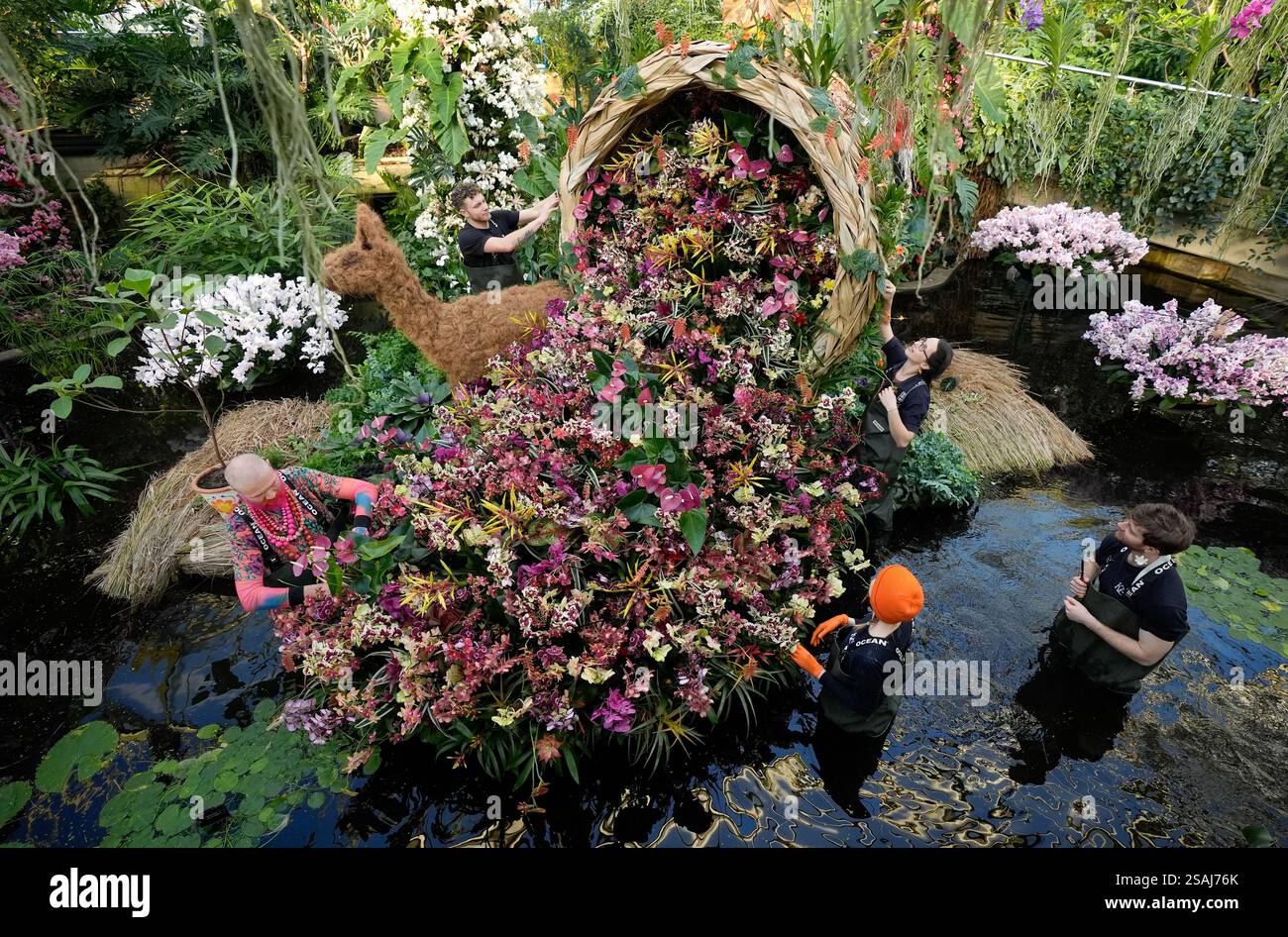 Horticulturists put the finishing touches to a colourful display in the ...