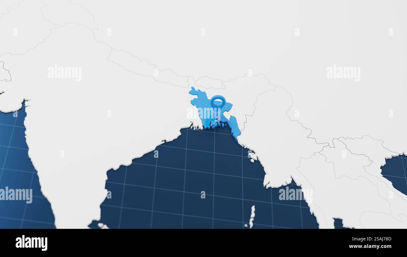 Blue Bangladesh 3d map with pointer pin surrounded with other countries ...