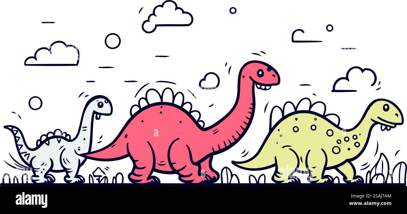 Cute cartoon dinosaurs. Vector illustration in doodle style Stock ...