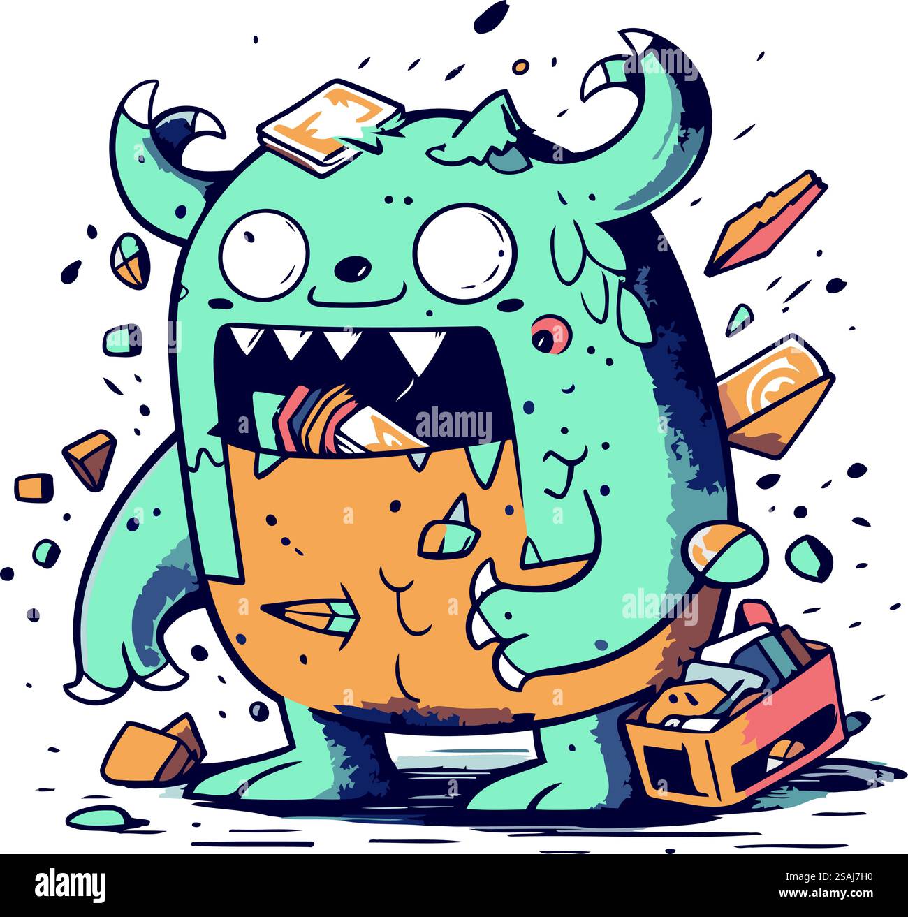 Funny cartoon monster with a bag of money. Vector illustration Stock ...