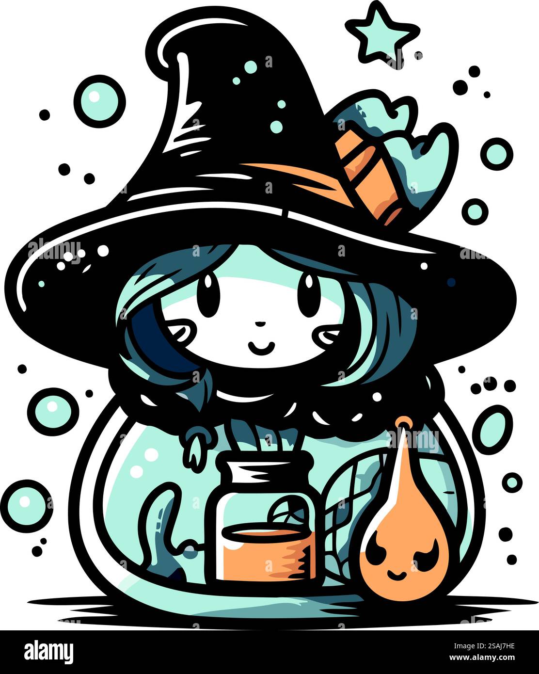 Cute little witch in a magic glass ball. Vector illustration Stock ...