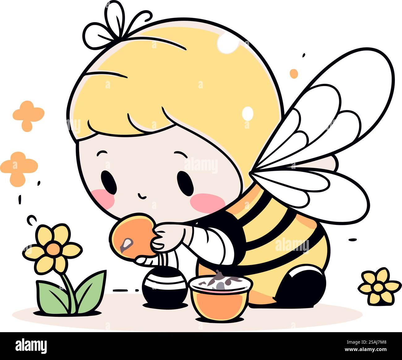 Cute little bee boy with honey pot. Vector illustration in cartoon ...