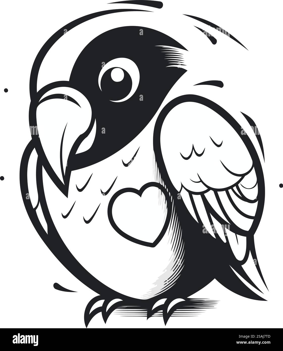 Black and white vector illustration of a parrot with a heart in its ...
