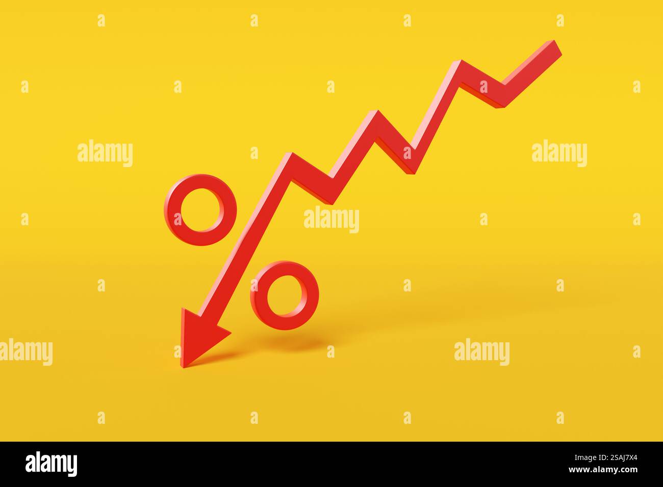 Red down zigzag arrow forming a percentage sign in a yellow background ...