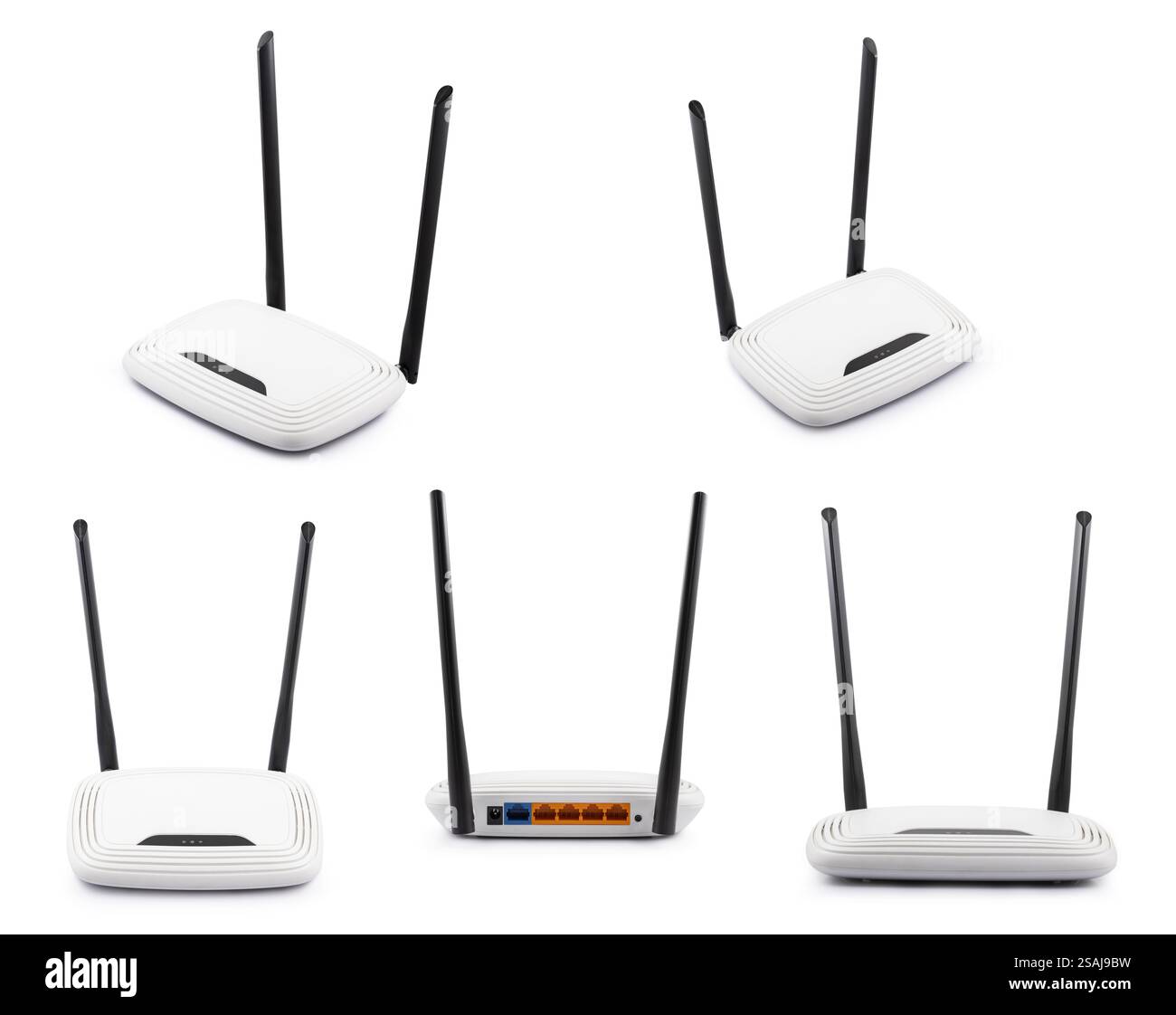 White wireless internet router isolated on white background. Set or ...
