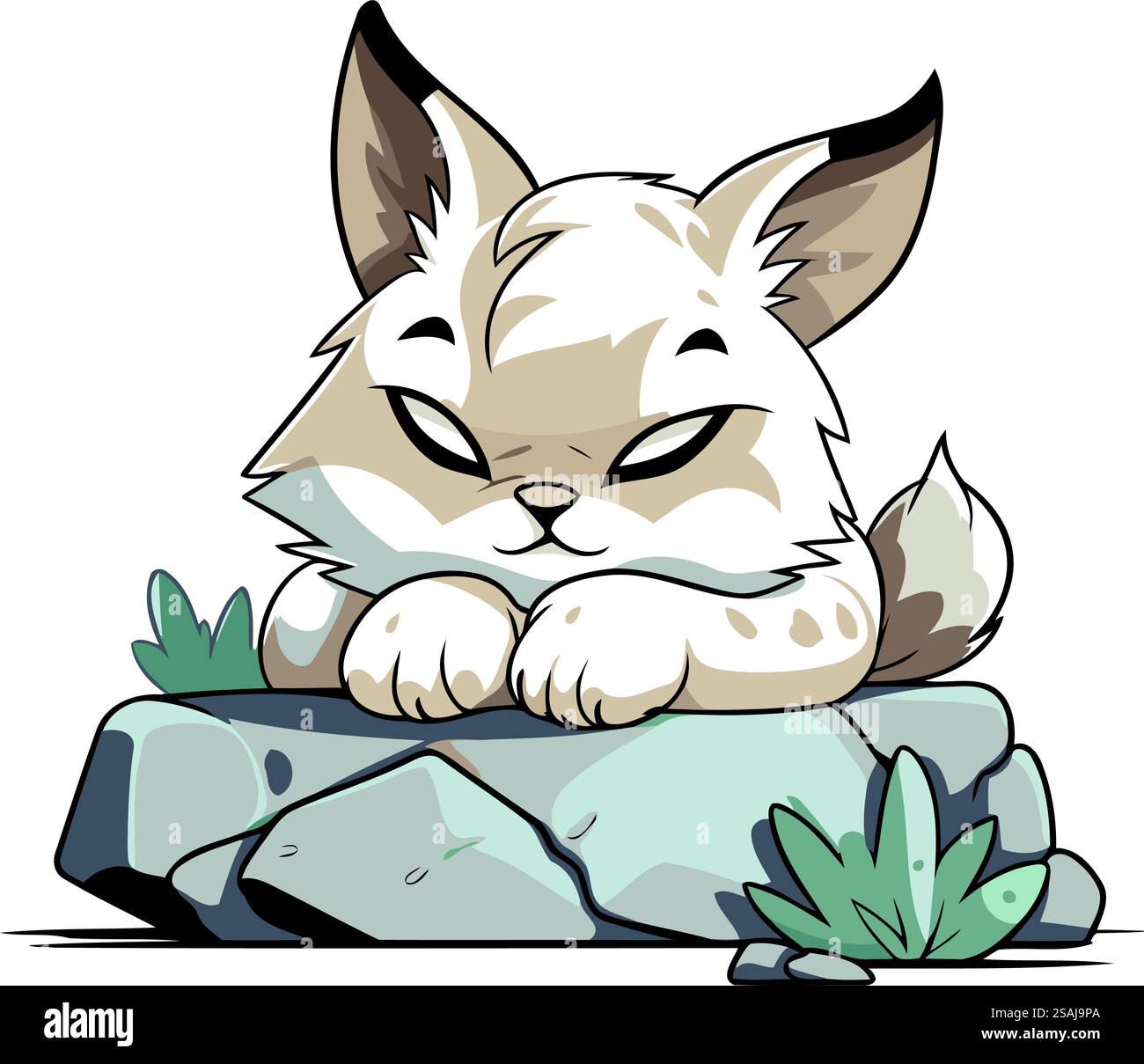 Illustration of a Cute Fox Sleeping on a Rock. Vector Stock Vector ...