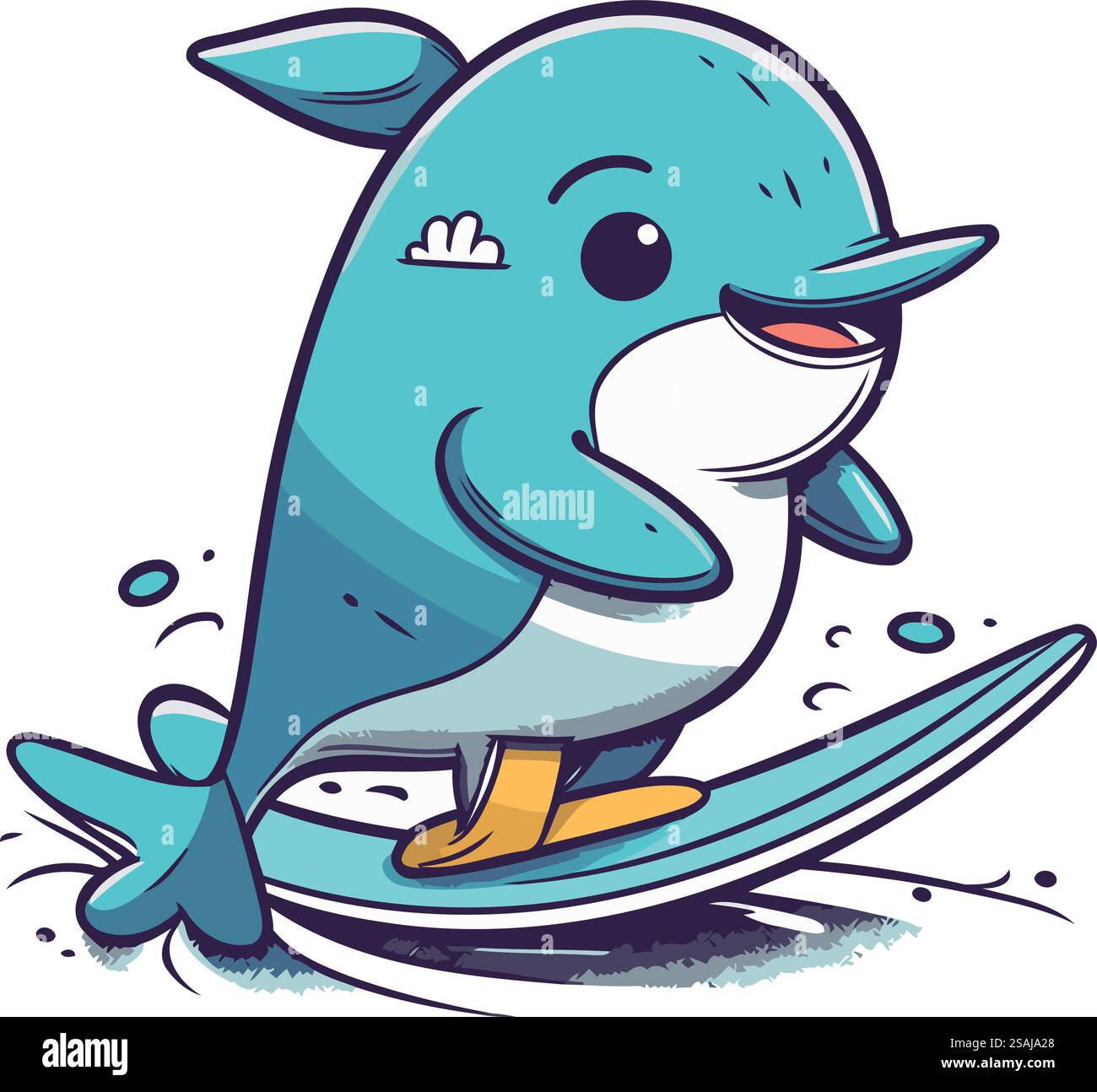 Vector illustration of a cute cartoon blue whale surfing on a surfboard ...