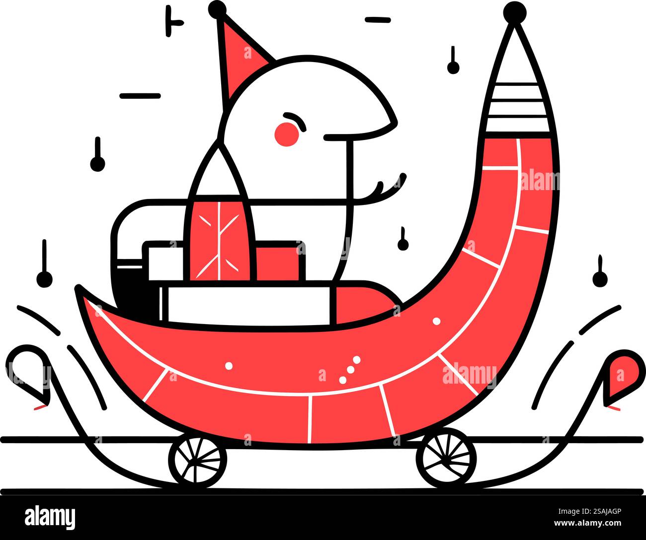 Vector illustration in flat linear style. Cute penguin riding a sleigh ...