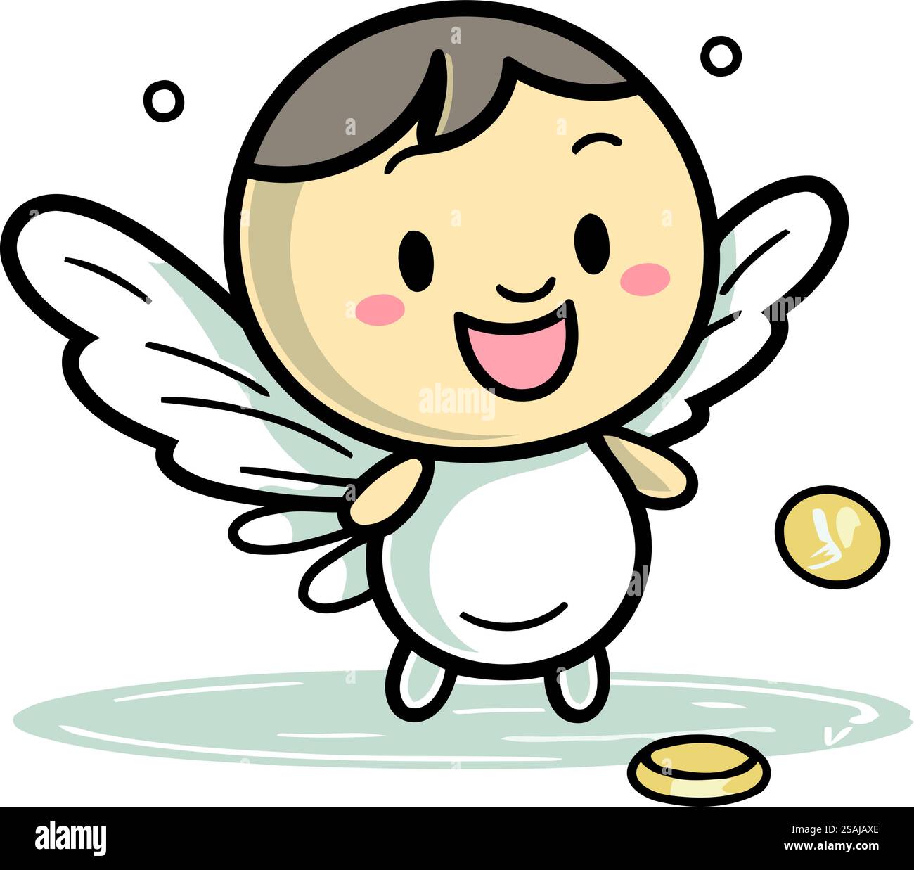 Cute little angel flying with coin. Vector cartoon character ...