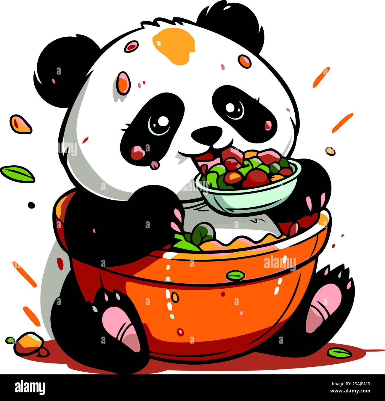 Cute cartoon panda eating a bowl of food. Vector illustration Stock ...