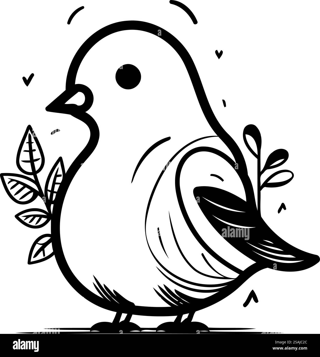 Vector illustration of a cute little bird. Black and white illustration ...