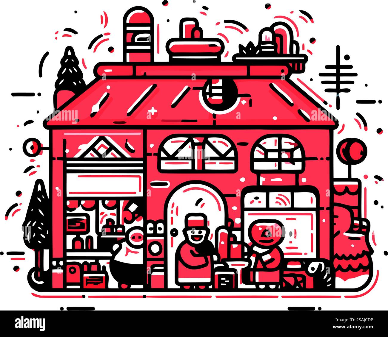 Vector line art illustration of Santa Claus and Christmas tree house on ...