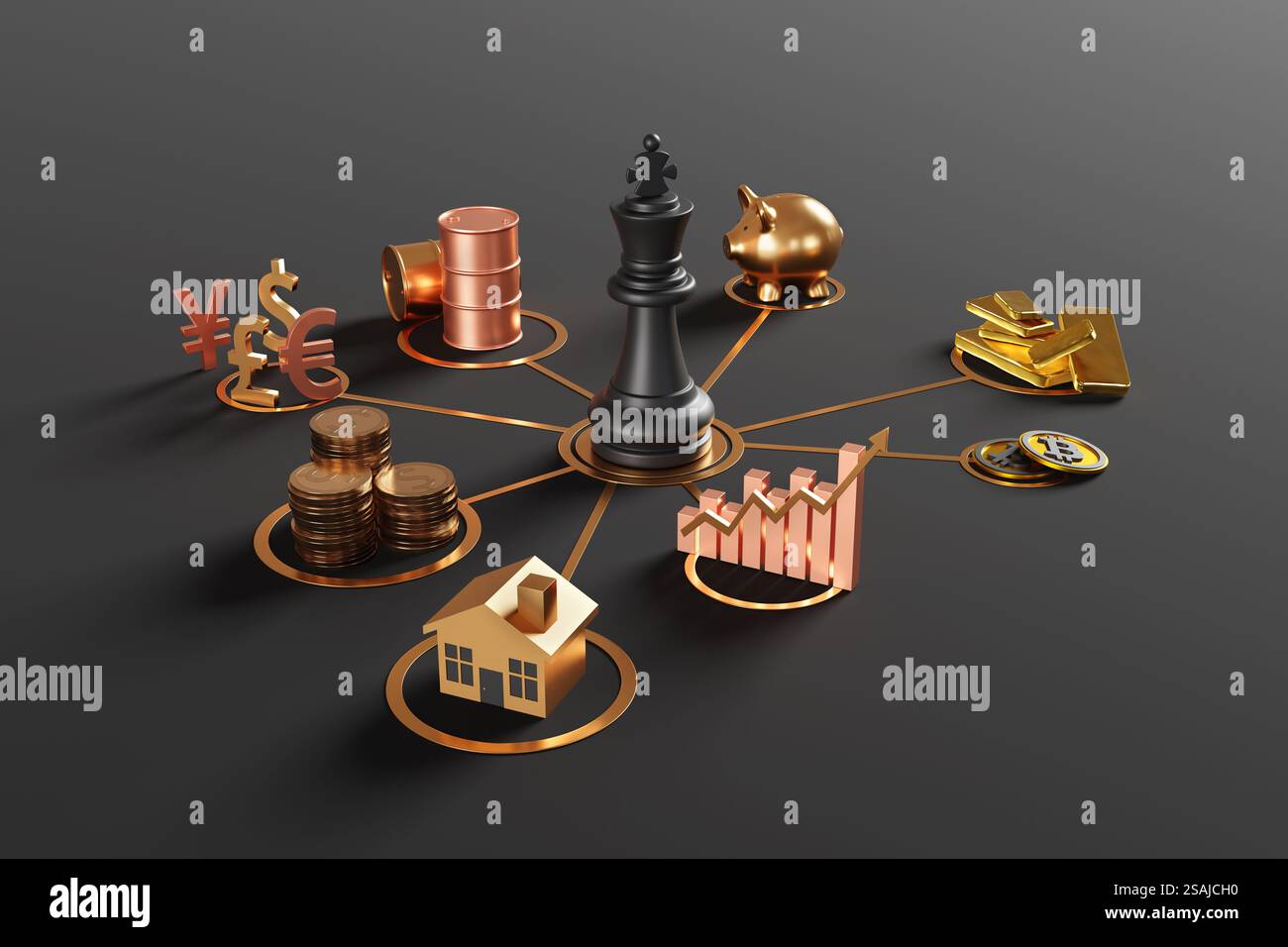 Variety of gold assets surrounding and connecting to the king chess ...