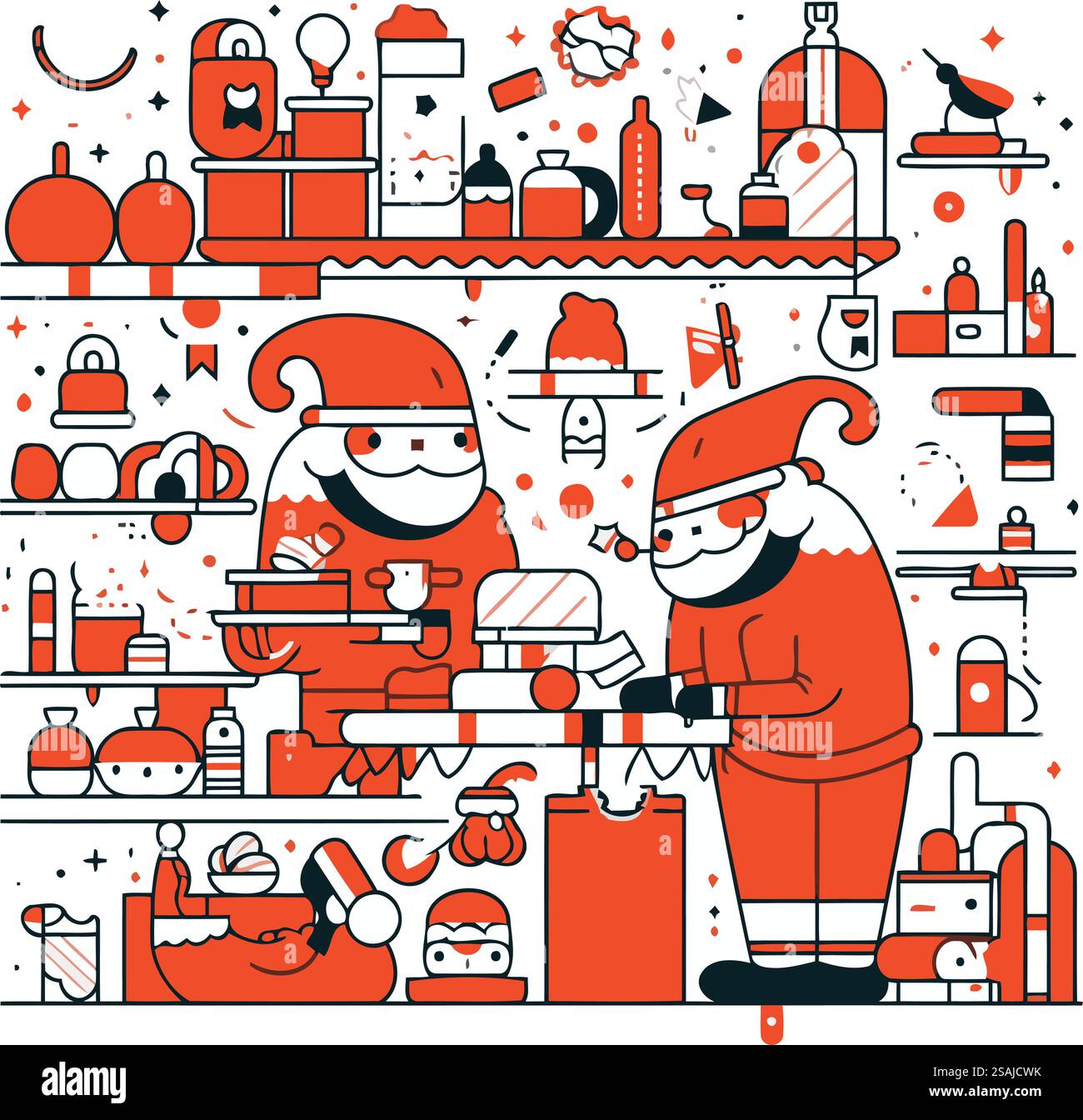 Santa Claus and elf in the kitchen. Vector illustration in thin line ...