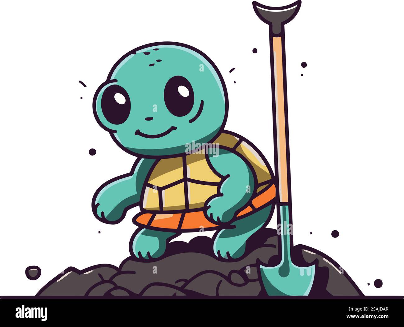 Cute little turtle character with shovel. Vector flat cartoon ...