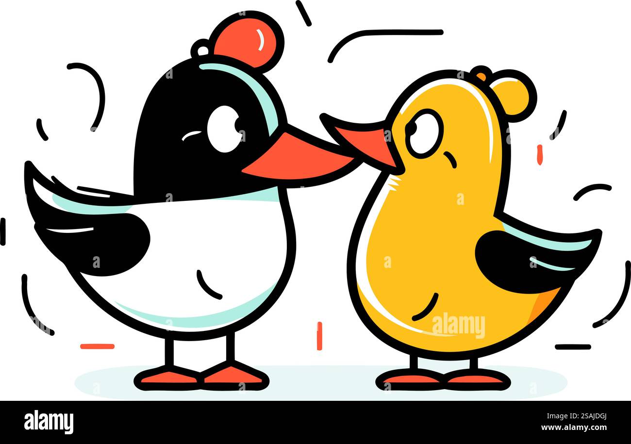 Cute couple of funny ducks. Vector illustration in line style Stock ...