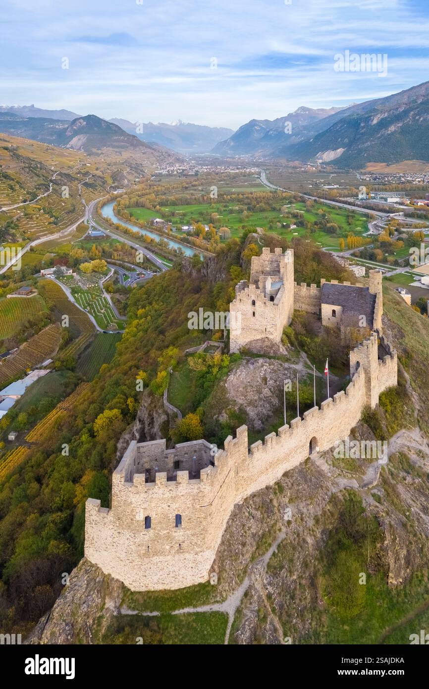 Aerial view of the Château de Tourbillon in the city of Sion in autumn ...