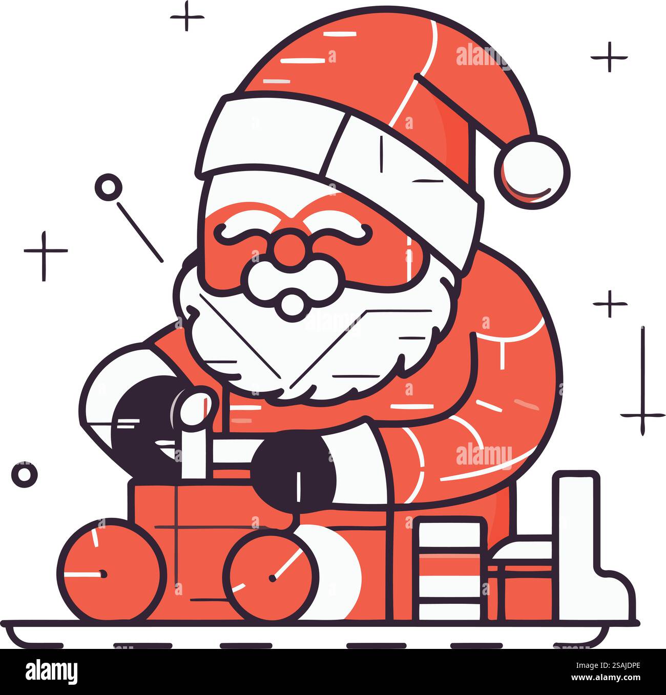 Santa Claus with a train. Vector illustration in line art style Stock ...