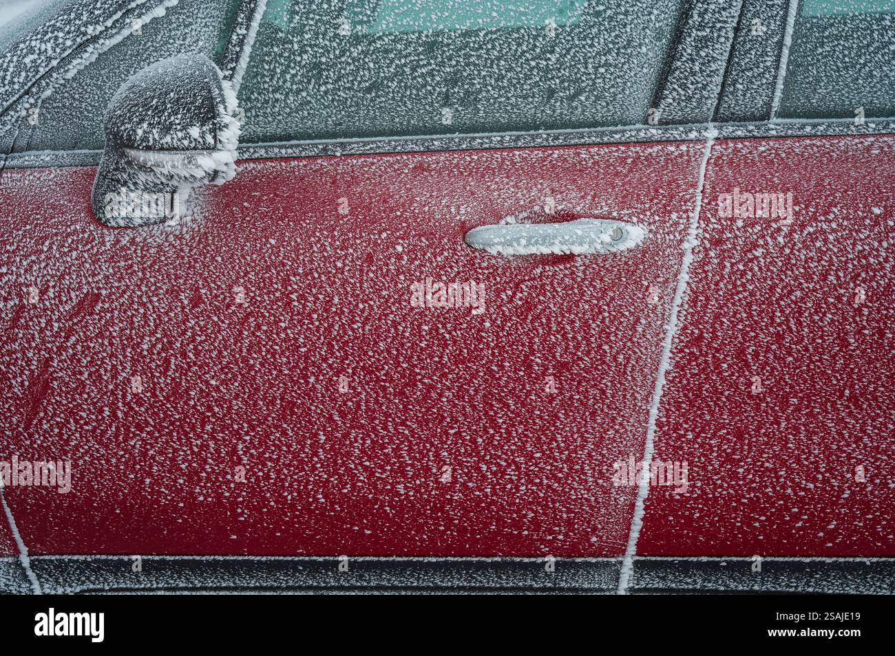 Frozen Snowy Red Car Details in Winter on Cold Windy Morning in the ...
