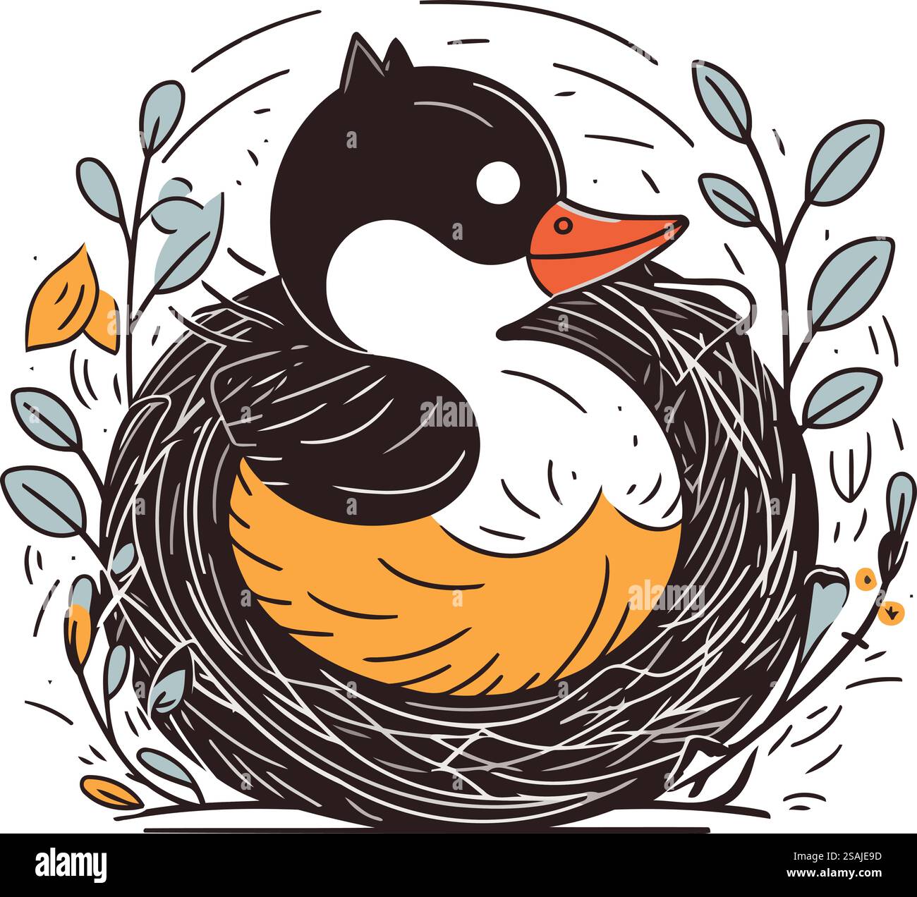 Vector illustration of a cute duck in a nest of twigs Stock Vector ...