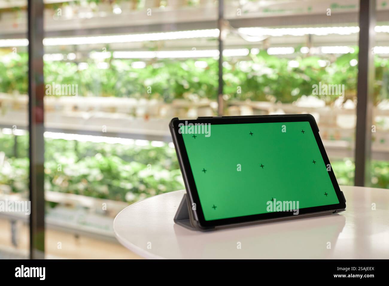 Tablet showing green screen placed on a white circular table amidst an ...