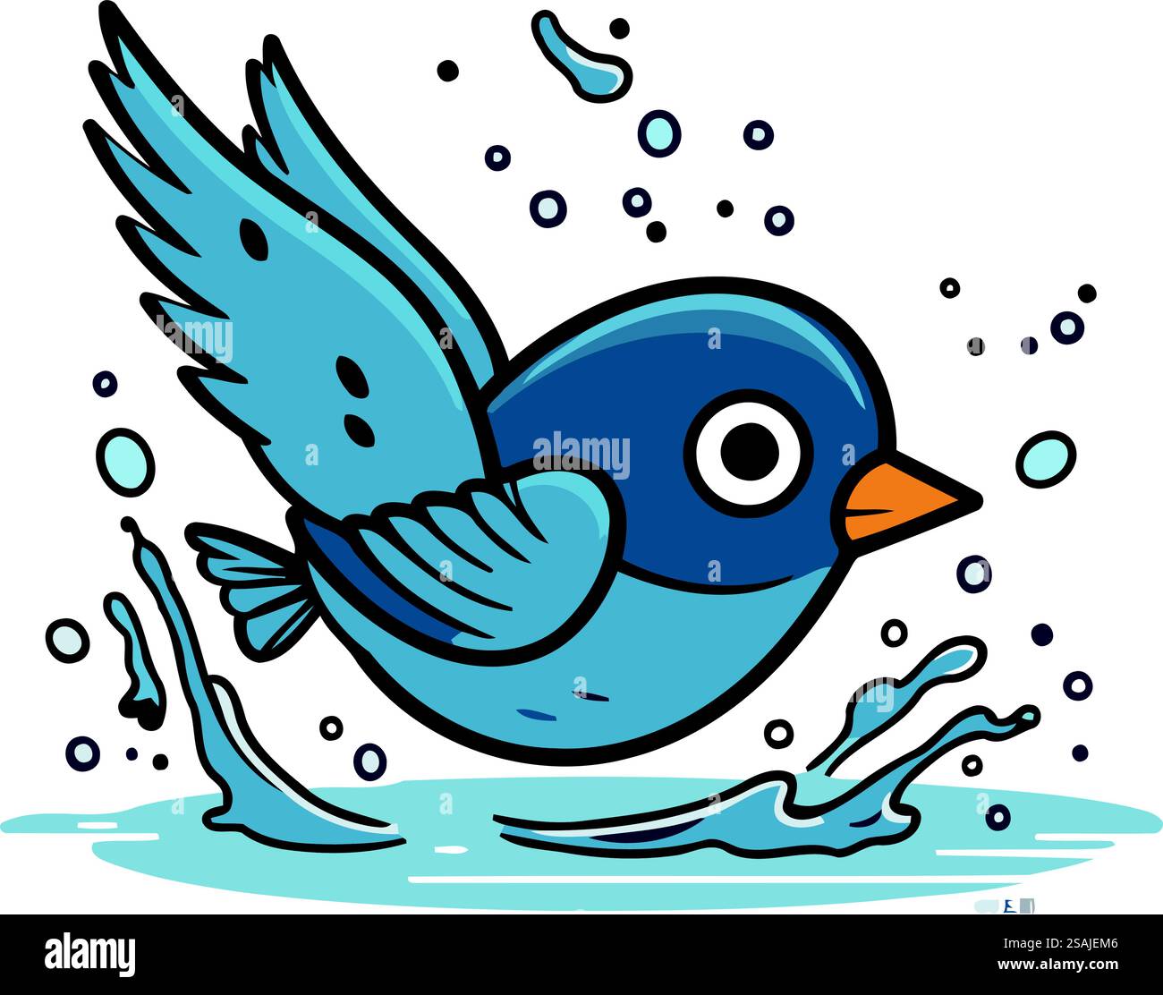 Blue bird flying on water splash. Vector illustration in cartoon style ...
