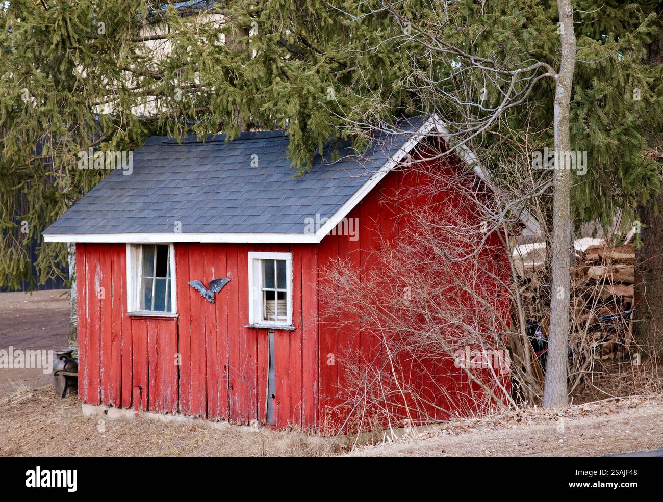 little red storage shed and log pile Stock Photo - Alamy