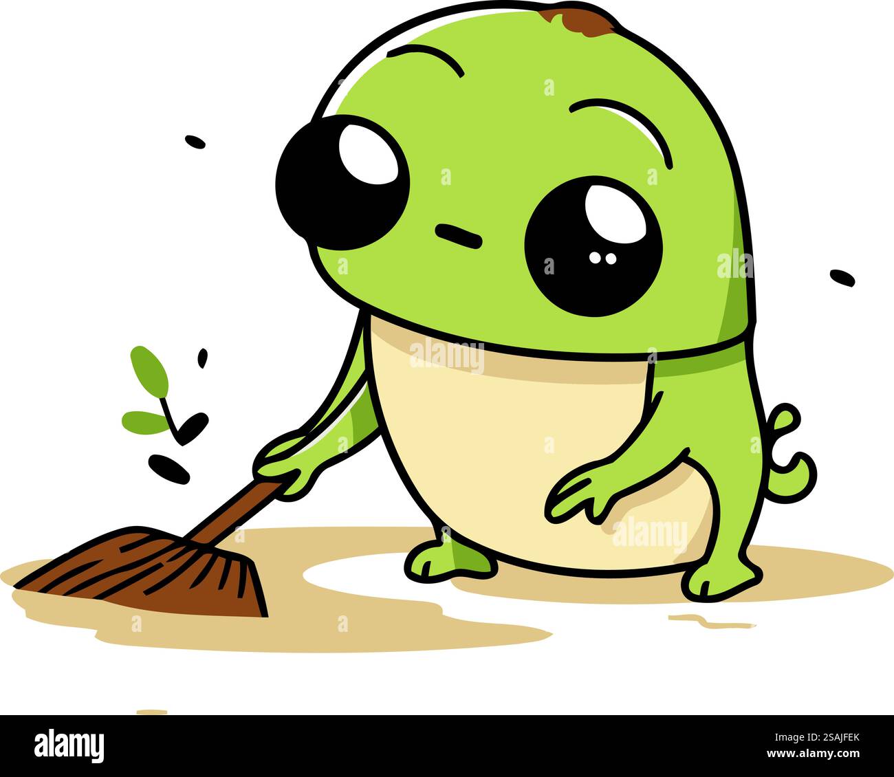 Cute little frog cleaning the floor with a broom. Vector illustration ...