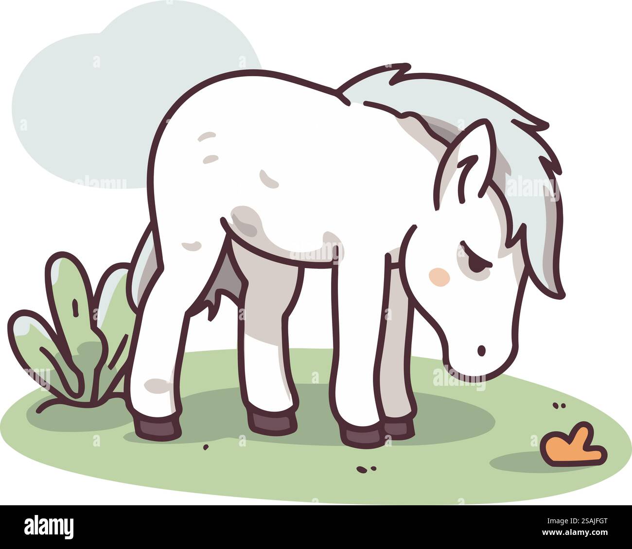 Vector illustration of a white pony grazing in the meadow. Cute cartoon ...