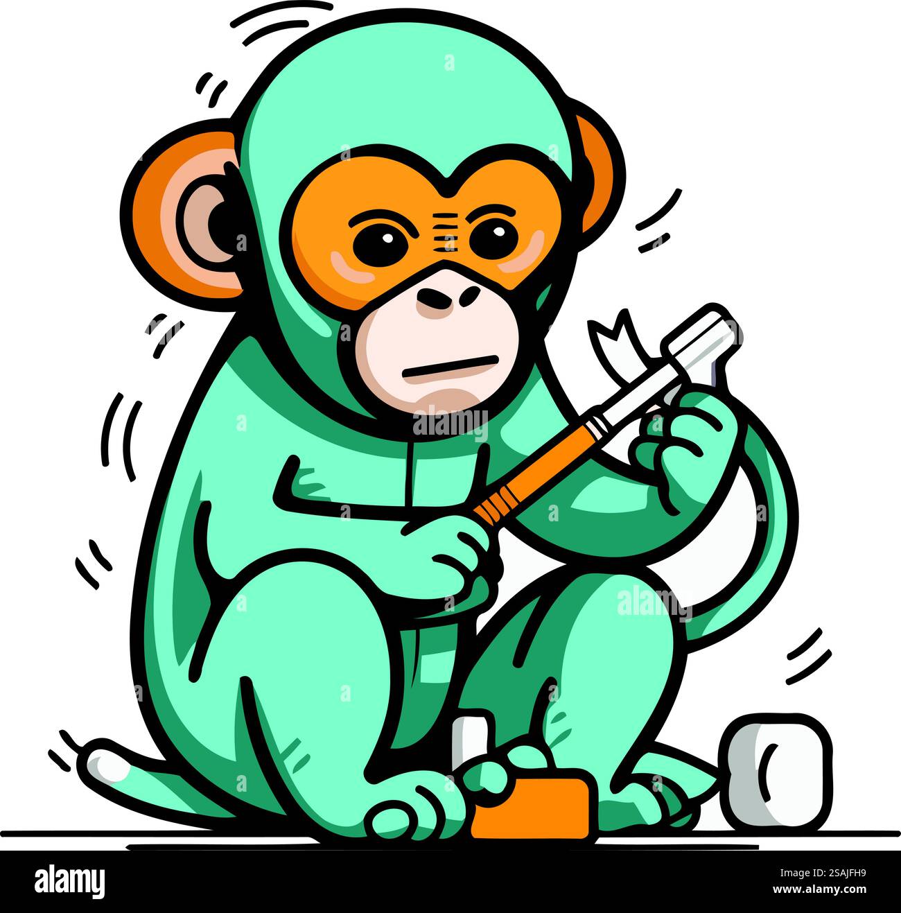 Monkey sitting with a hammer. Vector illustration in cartoon style ...